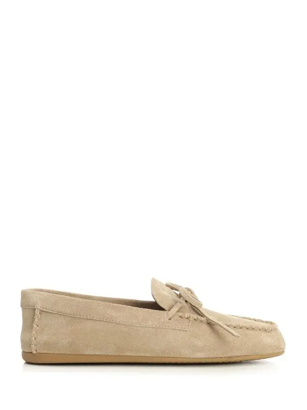 Miu Miu Suede Moc Toe Loafers With Bow Detailing