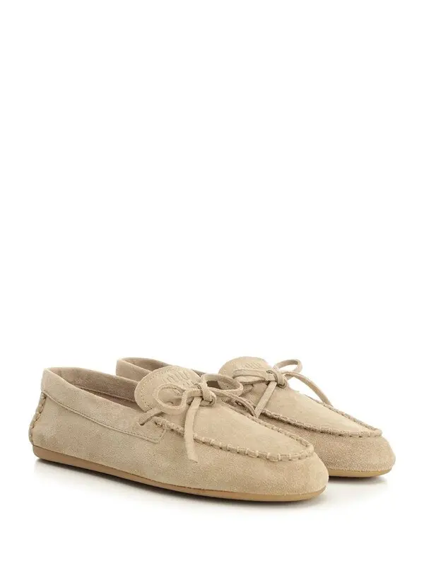 Miu Miu Suede Moc Toe Loafers With Bow Detailing