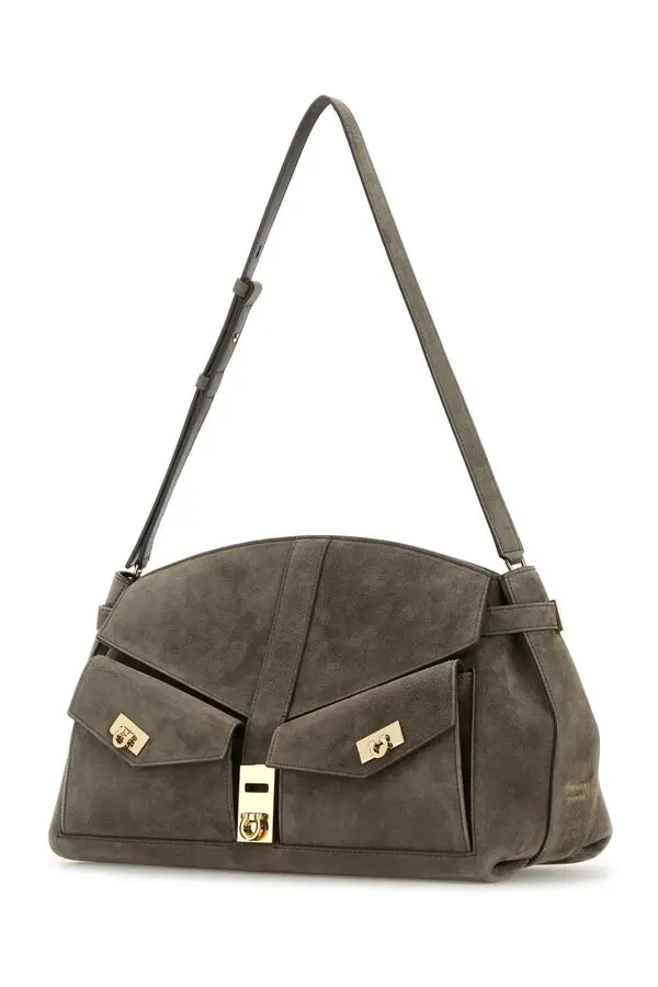 FERRAGAMO Grey Suede Shoulder Bag - Gray
