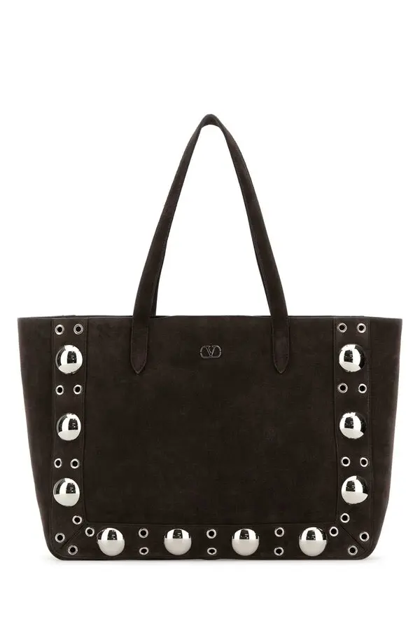 Valentino Garavani Suede Shopping Bag With Studded Detail - Brown