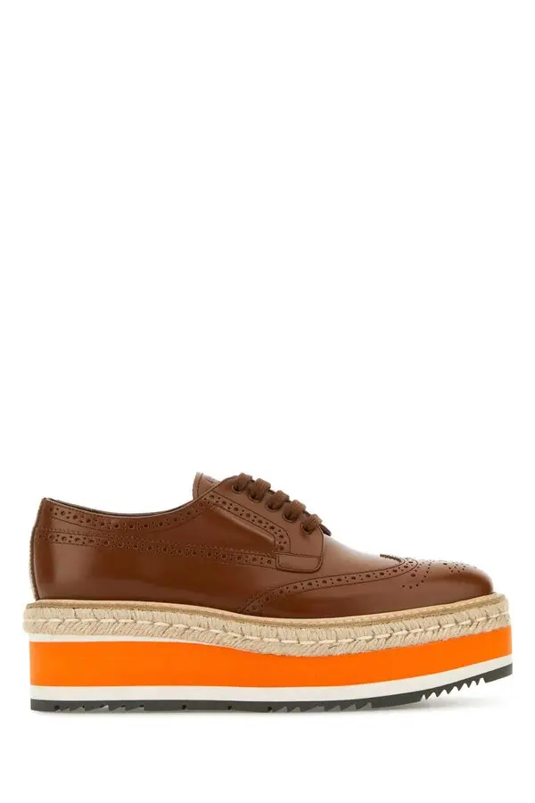 Prada Caramel Leather Lace-up Platform Espadrille Shoes - Brown