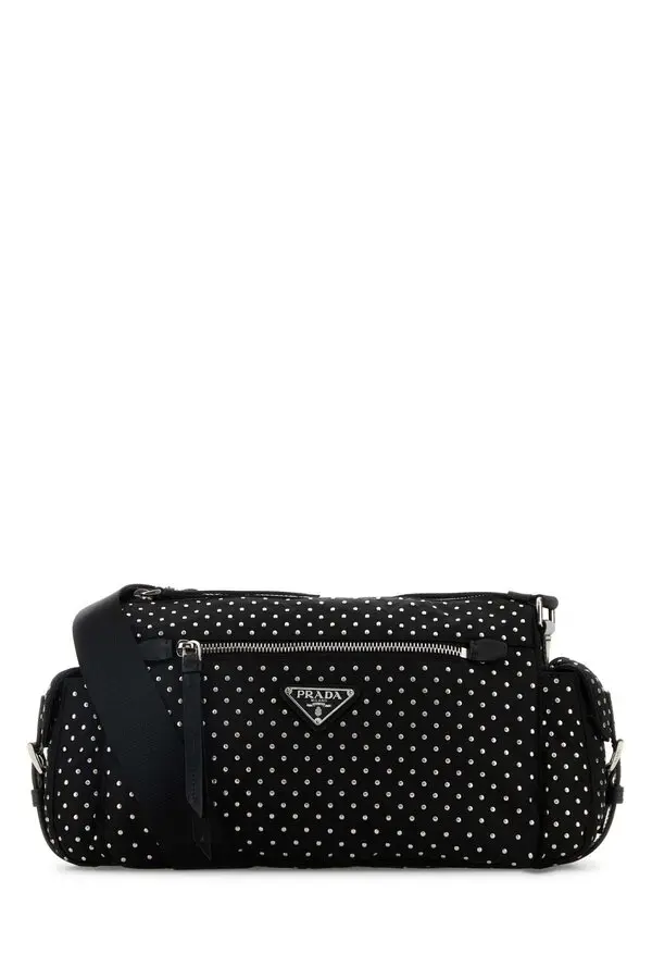 Prada Nylon Shoulder Bag With Silver Tone Embellishments - Black