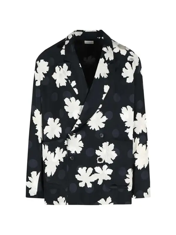 Dries Van Noten Viscose Printed Double Breasted Blazer - Black