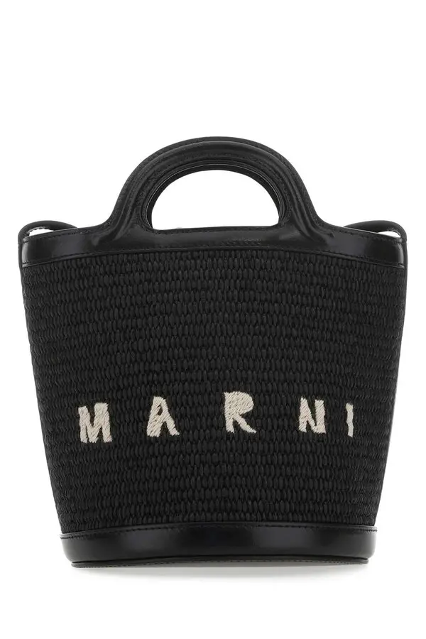 Marni Leather And Raffia Tropicalia Bucket Bag - Black