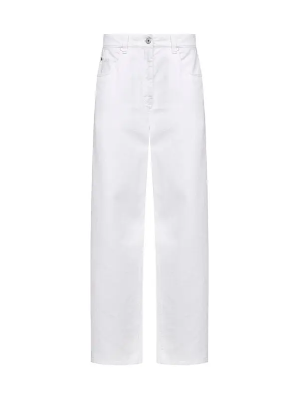Brunello Cucinelli Ivory Cotton Relaxed Fit Wide Leg Jeans With Monili Embroidery - Multicolor