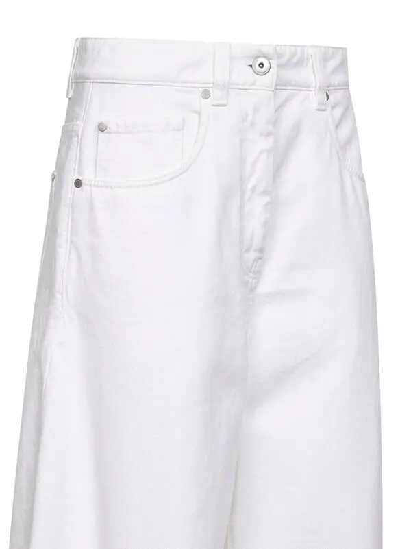 Brunello Cucinelli Ivory Cotton Relaxed Fit Wide Leg Jeans With Monili Embroidery - Multicolor