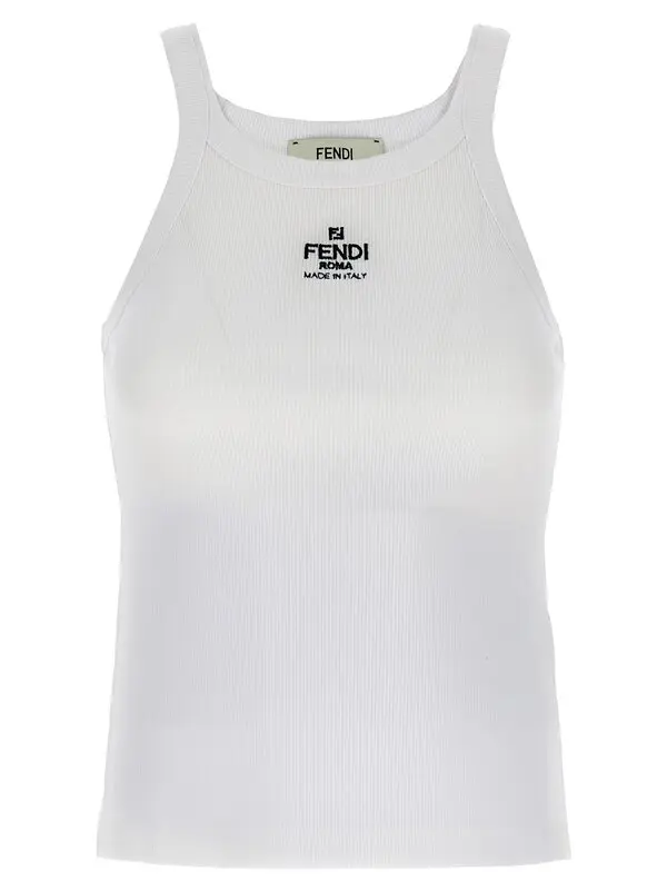 Fendi Ribbed Cotton Tank Top With Embroidered Logo - White