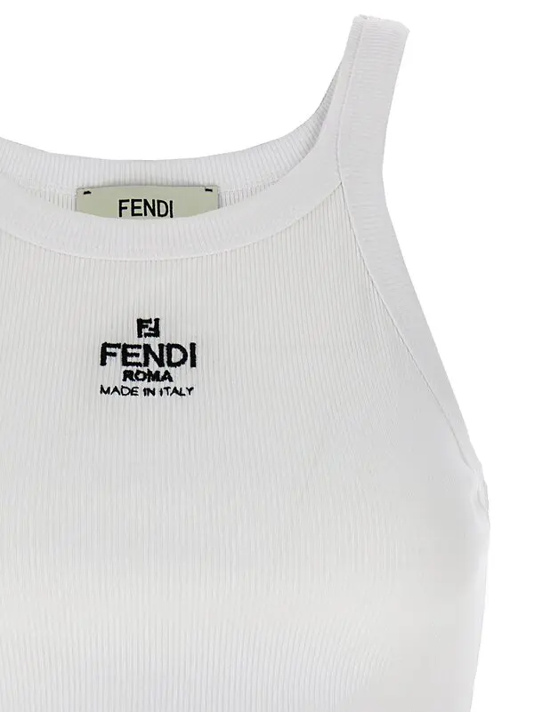Fendi Ribbed Cotton Tank Top With Embroidered Logo - White