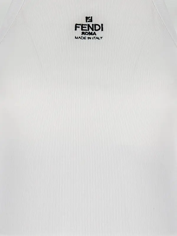Fendi Ribbed Cotton Tank Top With Embroidered Logo - White