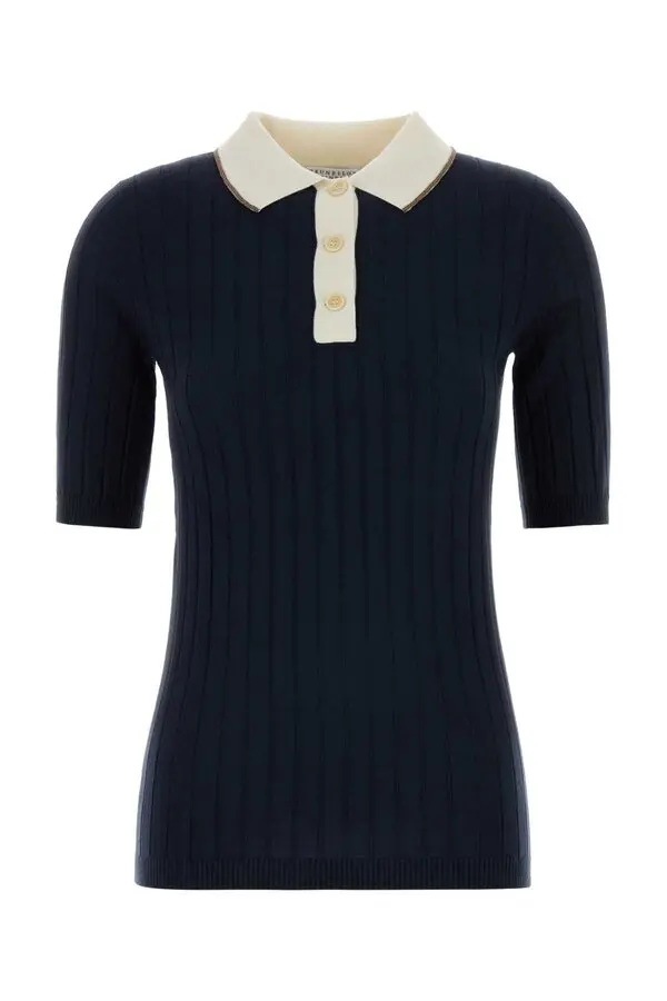 Brunello Cucinelli Navy Ribbed Wool Blend Polo Shirt
