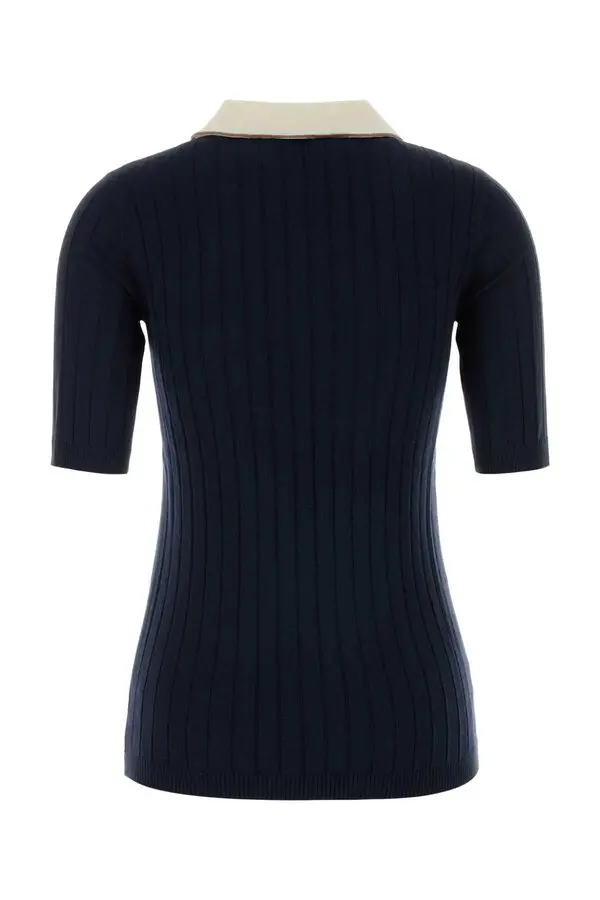 Brunello Cucinelli Navy Ribbed Wool Blend Polo Shirt