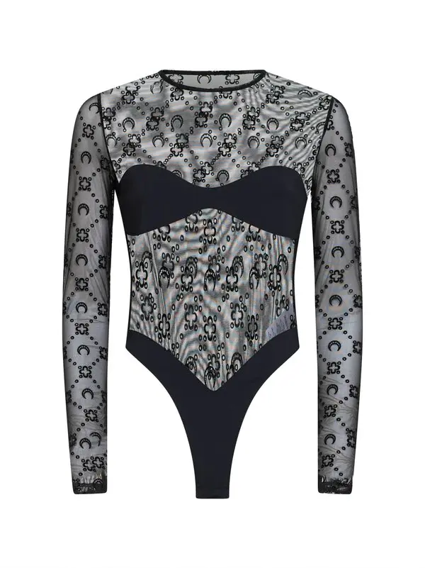 MARINE SERRE Black Flocked Monogram Mesh Bodysuit - Multicolor