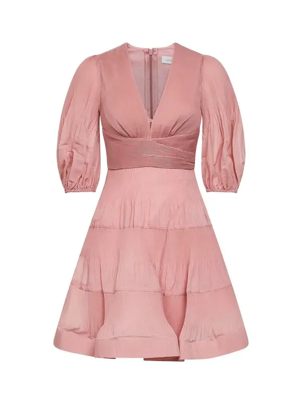 Zimmermann Dusty Pink Pleated Puff Sleeve Mini Dress