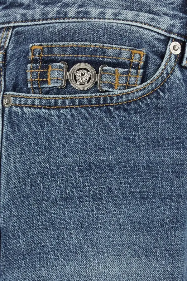 Versace Denim Jeans With Barocco Trim - Multicolor