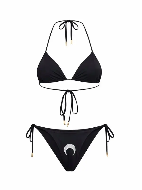 MARINE SERRE Black Stretch Jersey Bikini With Moon Embroidery - Multicolor