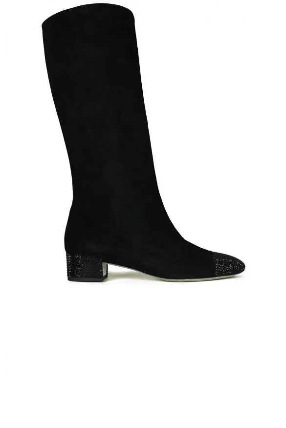 Rene Caovilla Suede Glitter Embellished Heel Boots - Black