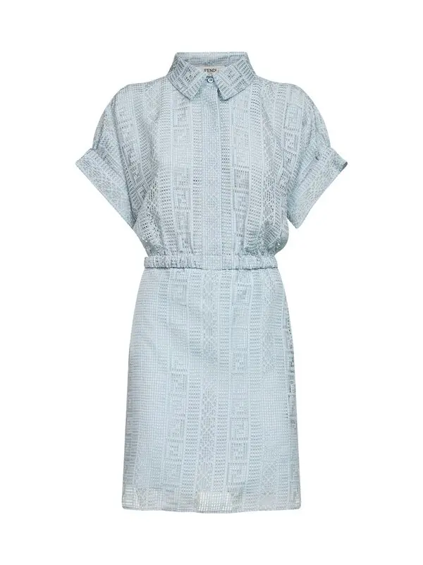 Fendi Light Blue Burnout Silk Blend Mini Shirt Dress