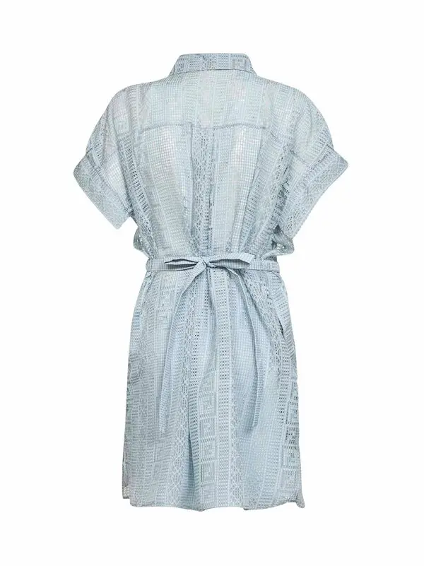 Fendi Light Blue Burnout Silk Blend Mini Shirt Dress