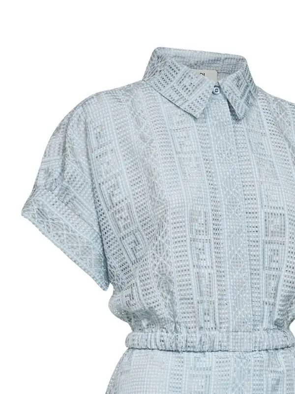 Fendi Light Blue Burnout Silk Blend Mini Shirt Dress