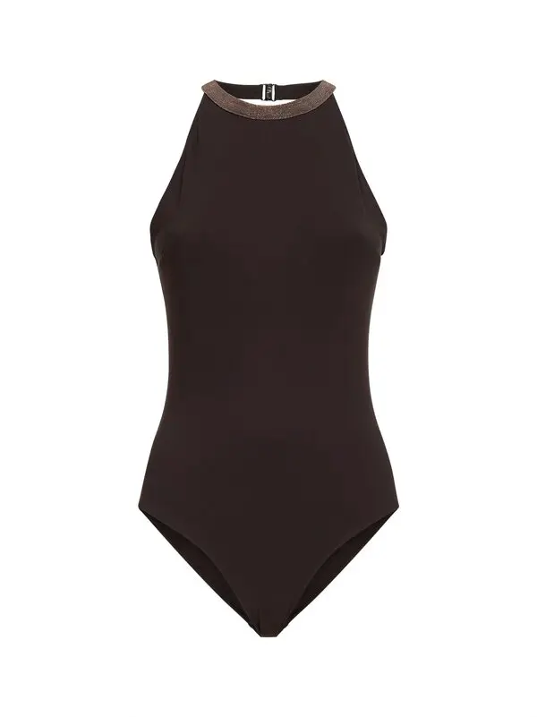 Brunello Cucinelli Techno Jersey One-piece Swimsuit With Embellished Collar - Multicolor