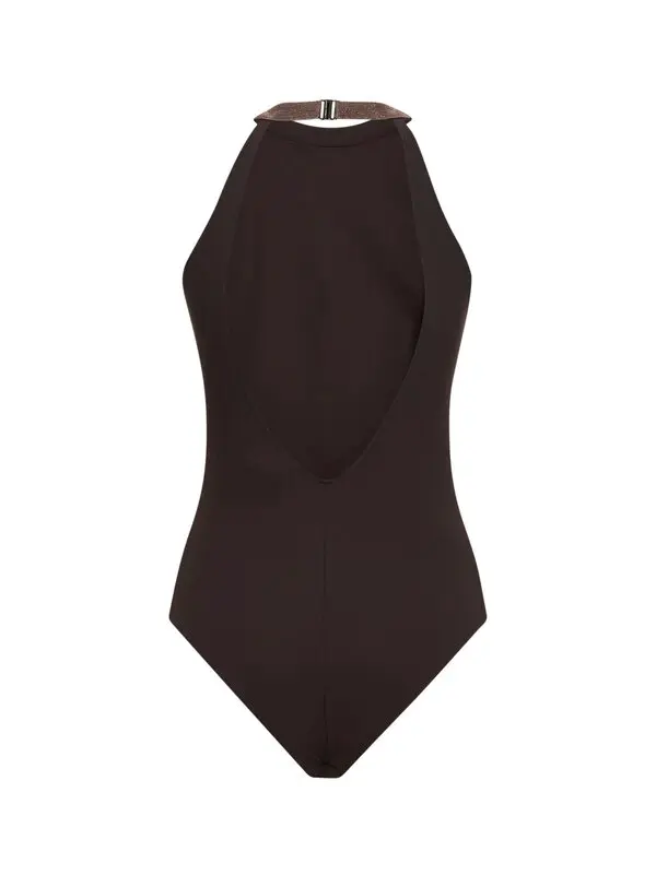 Brunello Cucinelli Techno Jersey One-piece Swimsuit With Embellished Collar