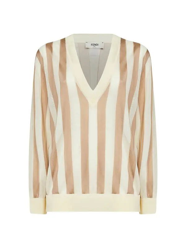 Fendi Beige Pequin Striped V-neck Sweater - Multicolor