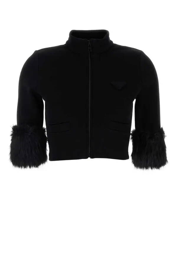 Prada Cotton Blend Jacket With Fur Trim