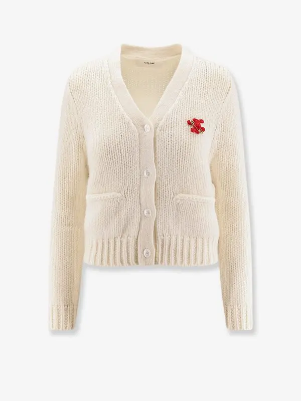 Celine V-neck Silk And Cashmere Cardigan With Gold Metal Pin Detail