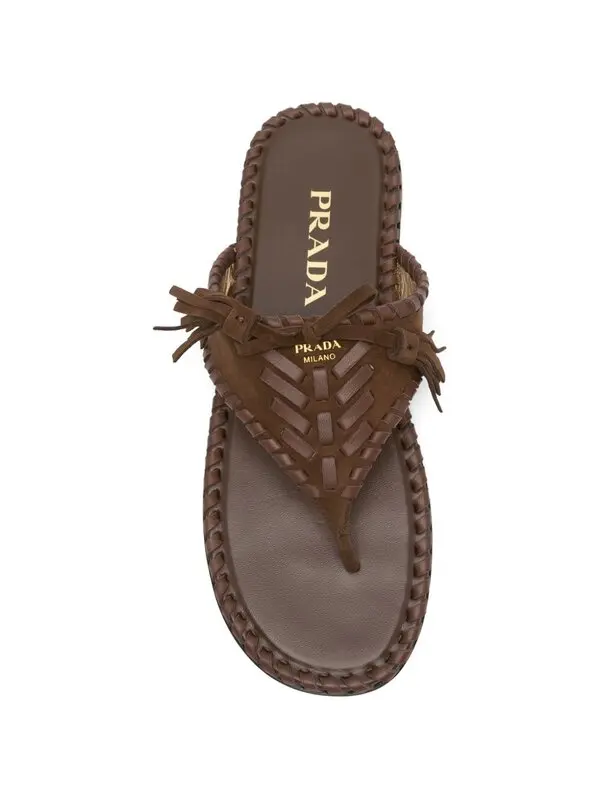 Prada Suede Leather Thong Sandals With Braided Trim And Tassel Detail - Multicolor