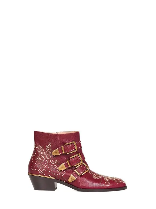 Chloé Grenat Leather Susanna Ankle Boots With Studs And Buckles - Multicolor