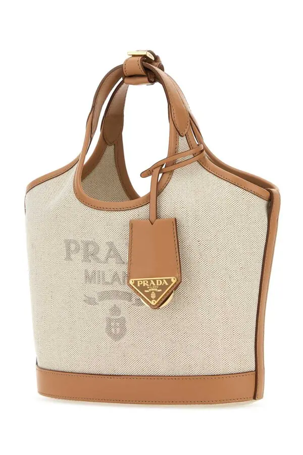 Prada Sand Canvas Handbag With Leather Trim And Golden Metal Finish