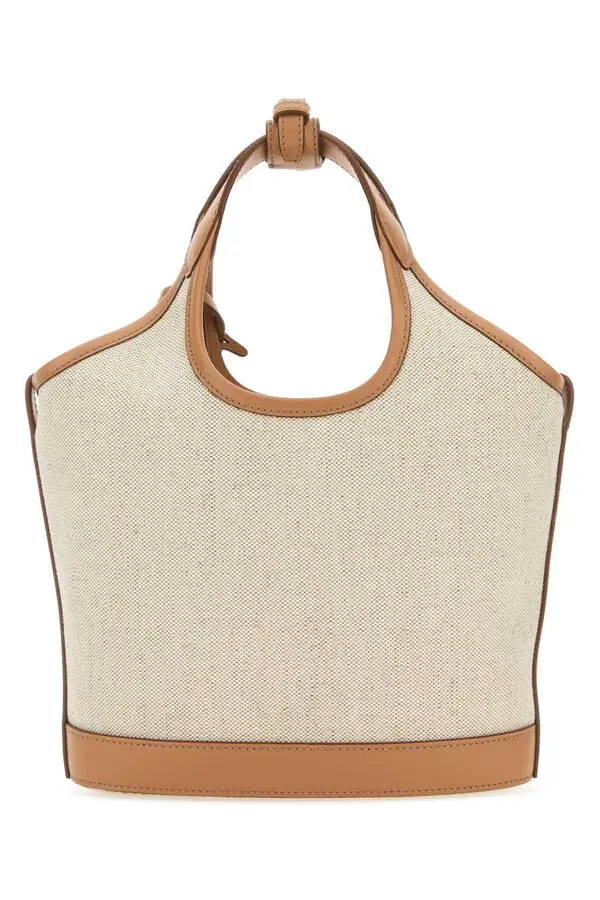 Prada Sand Canvas Handbag With Leather Trim And Golden Metal Finish