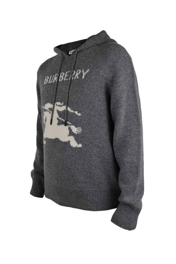 Burberry Wool And Cashmere Blend Hoodie With Equestrian Knight Logo - Gray