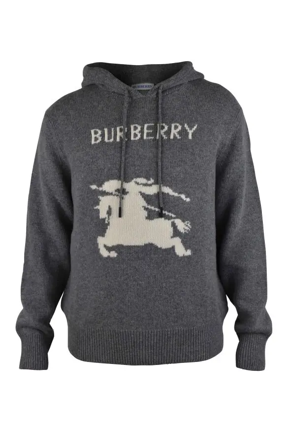 Burberry Wool And Cashmere Blend Hoodie With Equestrian Knight Logo - Gray