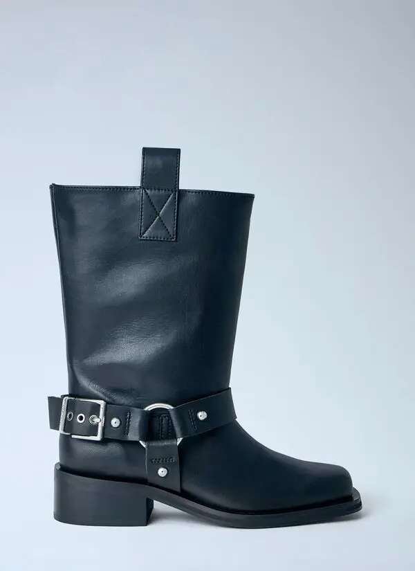 GANNI Mid Shaft Biker Boots With Harness Detail - Black