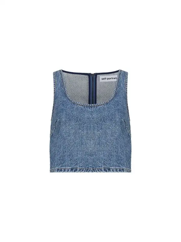 SELF-PORTRAIT Blue Rhinestone Embellished Denim Crop Top - Multicolor