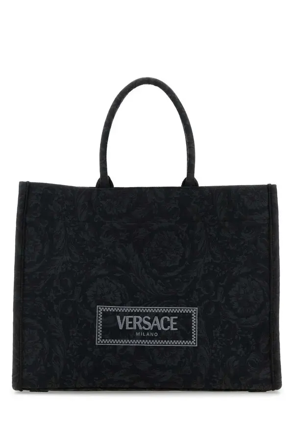 Versace Embroidered Fabric Athena Shopping Bag - Black