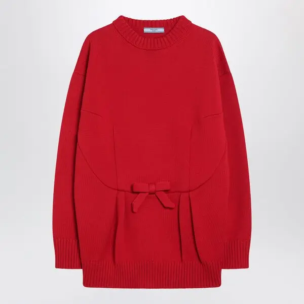 Prada Wool Crew Neck Sweater With Bow Detail - Red