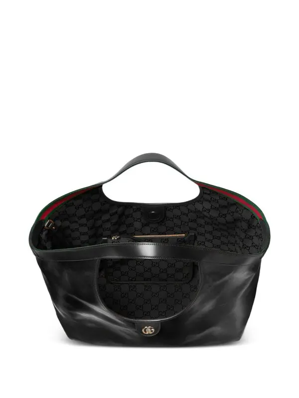 Gucci Black Leather Tote Bag With Double G Detail - Multicolor