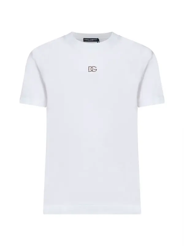 Dolce & Gabbana White Jersey Rhinestone Logo T-shirt - Multicolor