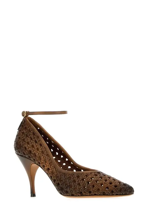 Miu Miu Woven Leather Pumps With Ankle Strap - Brown