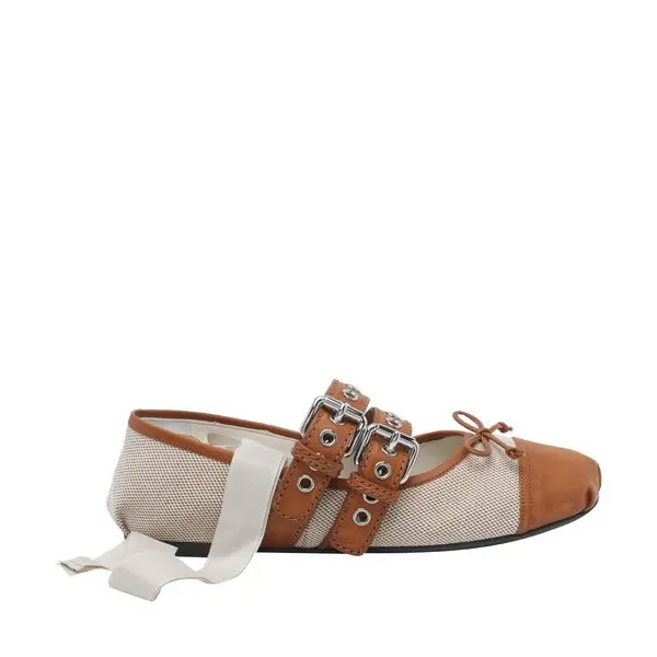 Miu Miu Canvas And Leather Ballet Flats With Buckle And Lace-up Closures - Cream