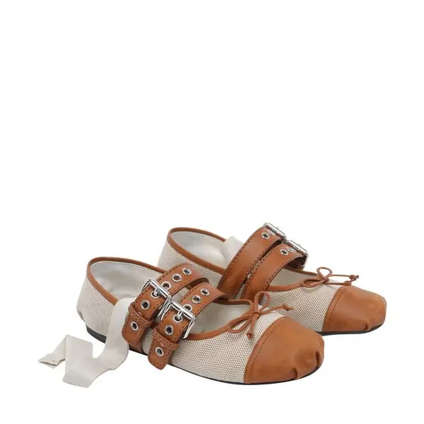 Miu Miu Canvas And Leather Ballet Flats With Buckle And Lace-up Closures - Cream