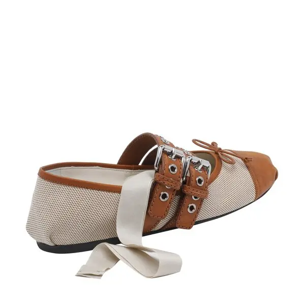 Miu Miu Canvas And Leather Ballet Flats With Buckle And Lace-up Closures - Cream