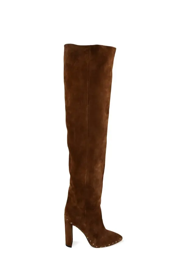 Saint Laurent Suede Knee High Boots With Gold Studs - Brown