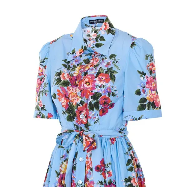 Dolce & Gabbana Poplin Floral Print Belted Dress - Blue