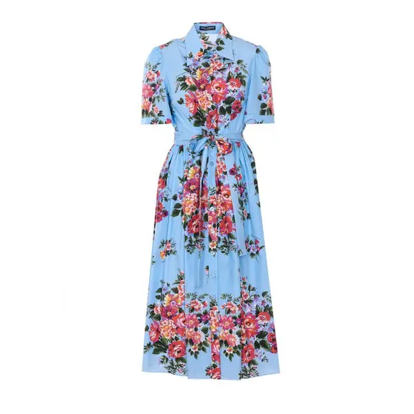 Dolce & Gabbana Poplin Floral Print Belted Dress - Blue
