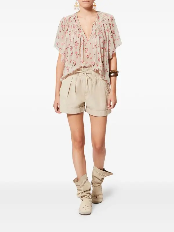 Isabel Marant Étoile Floral Pattern Tie Neck Short Sleeve Top - Multicolor