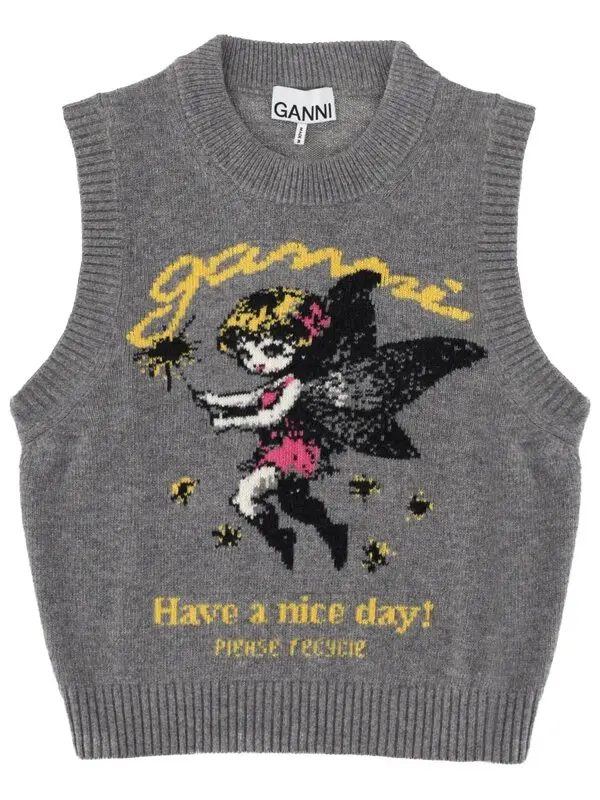 GANNI Graphic Wool Blend Vest - Gray