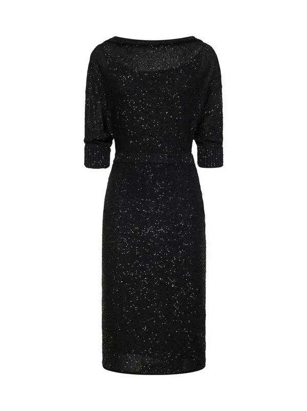 Max Mara Black Sequin Knit Midi Dress